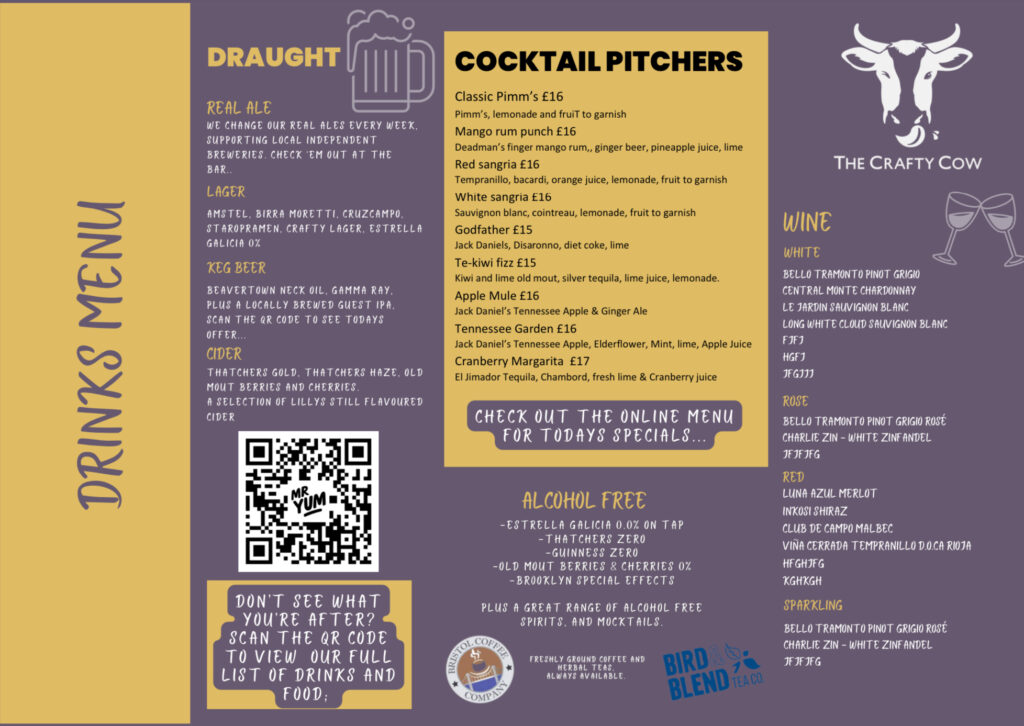 Menu | Best Roast Dinner | Pub Food Bristol | The Crafty Cow