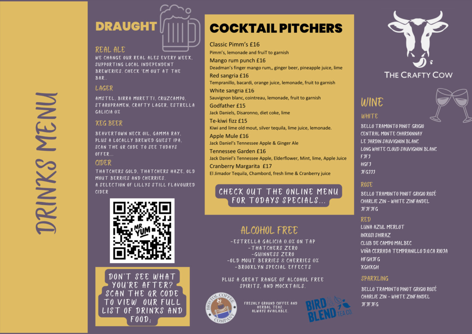 Menu | Best Roast Dinner | Pub Food Bristol | The Crafty Cow